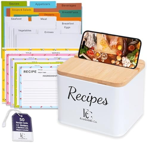 EcoGoods Recipe Box with 50 4x6 Cards & 12 Dividers – Metal Recipe ...