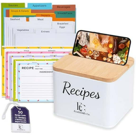 EcoGoods Recipe Box with 50 4x6 Cards & 12 Dividers – Metal Recipe ...