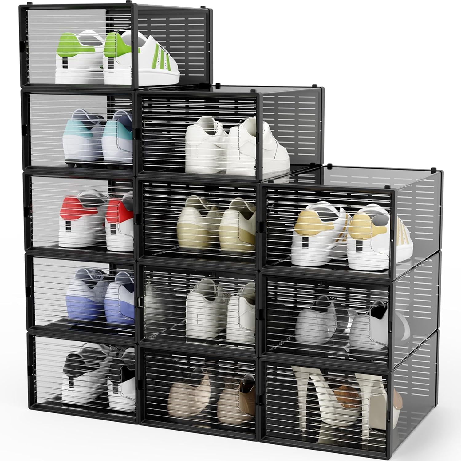 EcoHarbor 12 Pack Shoe Storage Box, Clear Plastic Stackable Shoe Organizer for Closet, Space ...