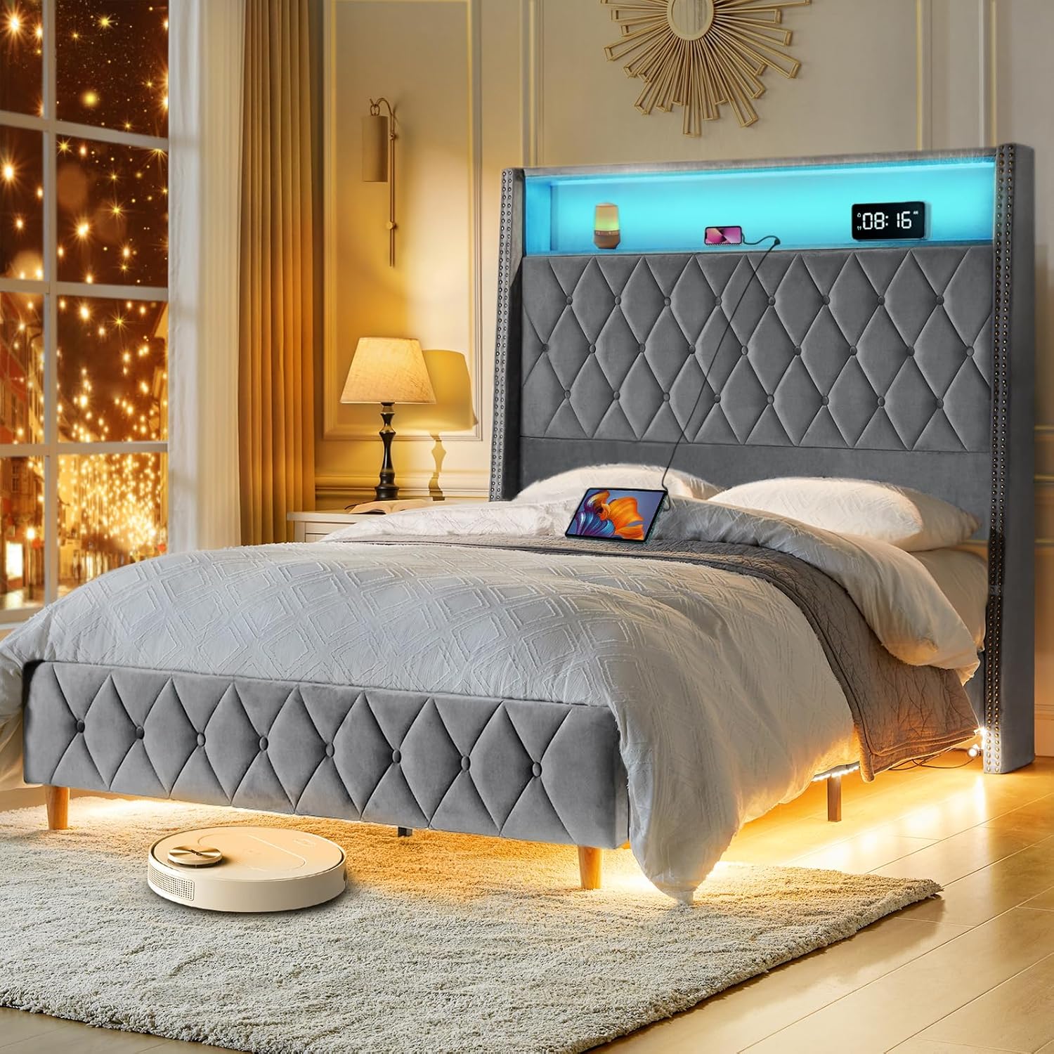 EcoHarbor LED Bed Frame Camas King Size with Charging Station Tall ...