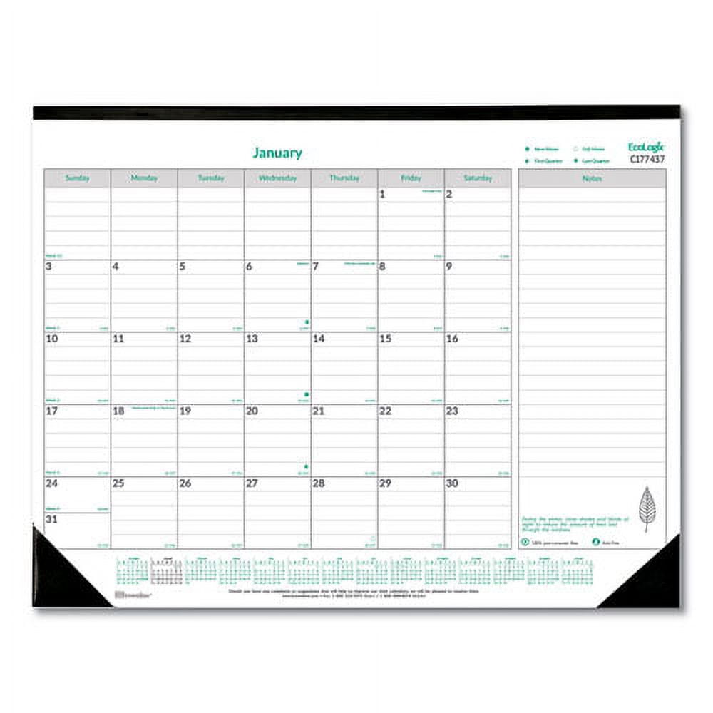 EcoLogix Monthly Desk Pad Calendar, 22 x 17, White/Green Sheets, Black ...