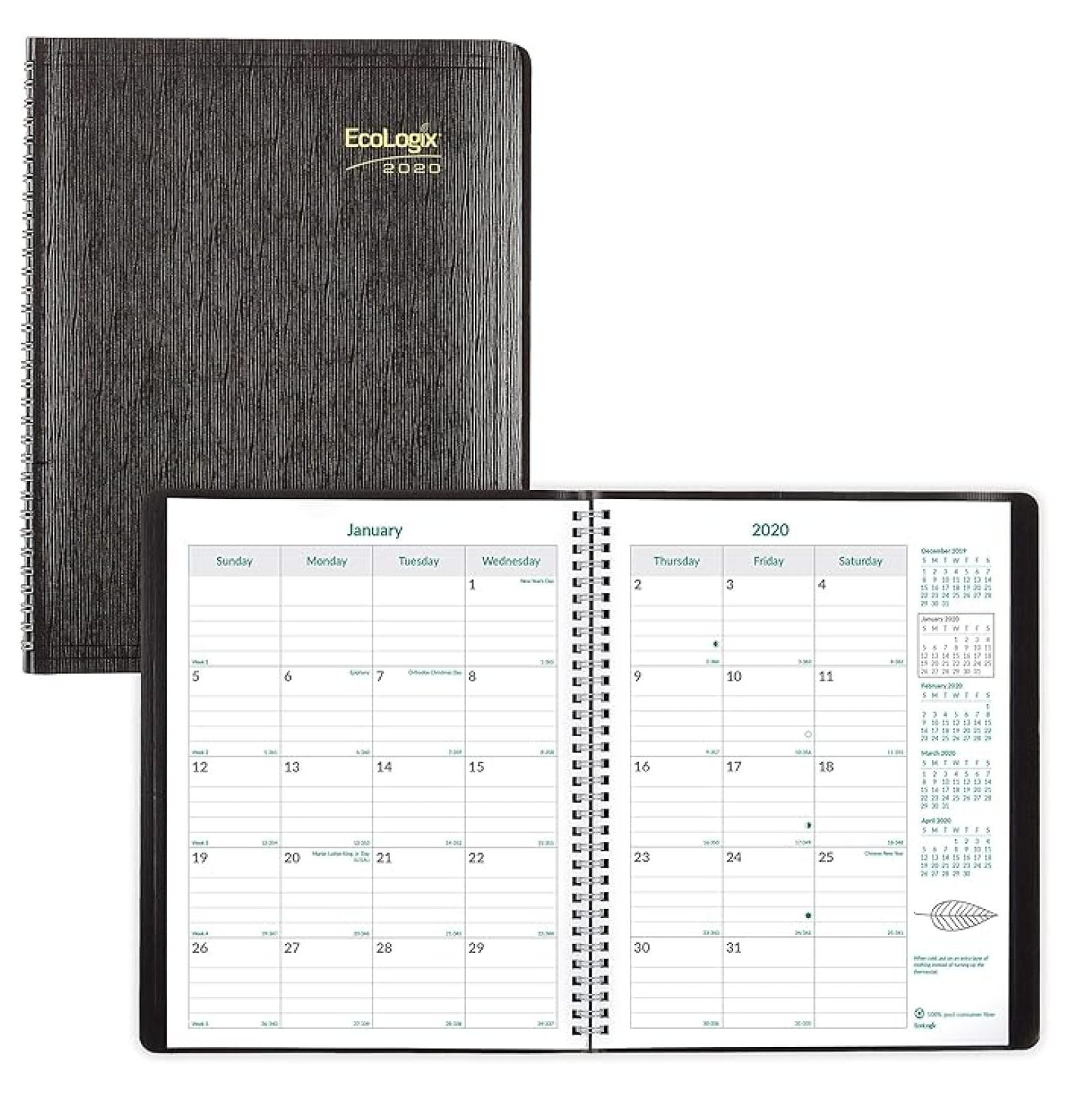 EcoLogix Monthly Planner 2020-2021, 14 Months, Black, 11x8.5 inch ...