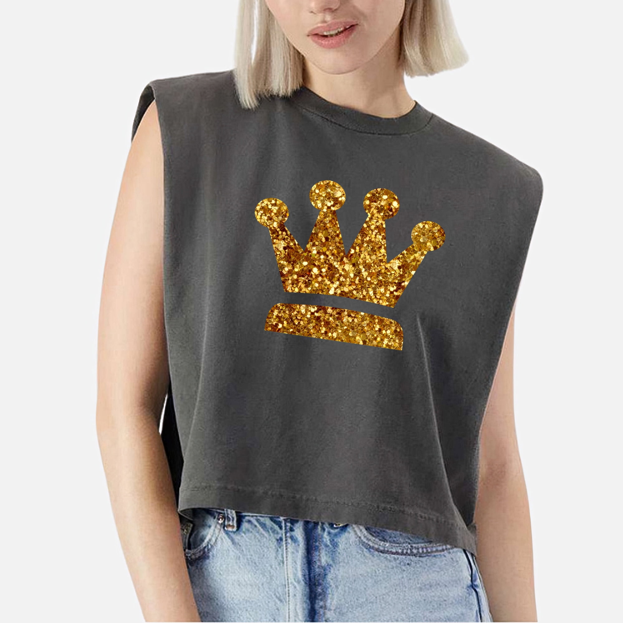 EcoLoom Gold Sequins Queen Crown Cap Sleeve Muscle Crop Top Funny ...