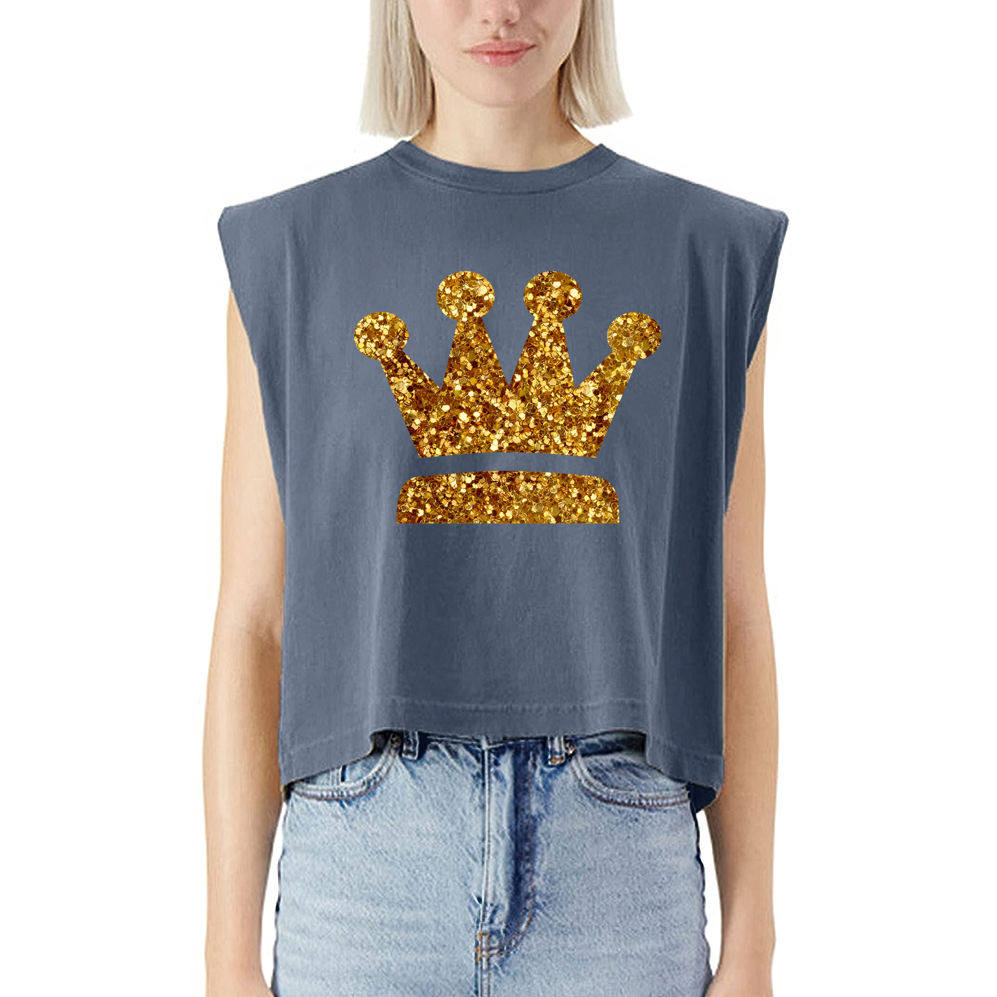 EcoLoom Gold Sequins Queen Crown Cap Sleeve Muscle Crop Top Funny ...
