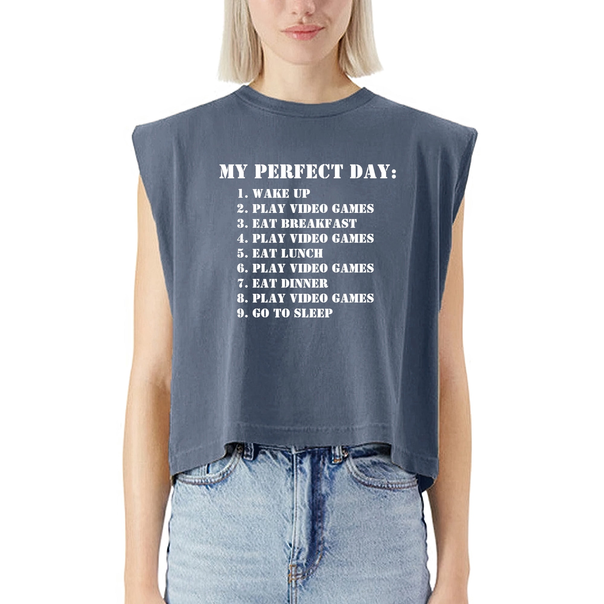 EcoLoom My Perfect Day Play Video Games Cap Sleeve Muscle Crop Top ...