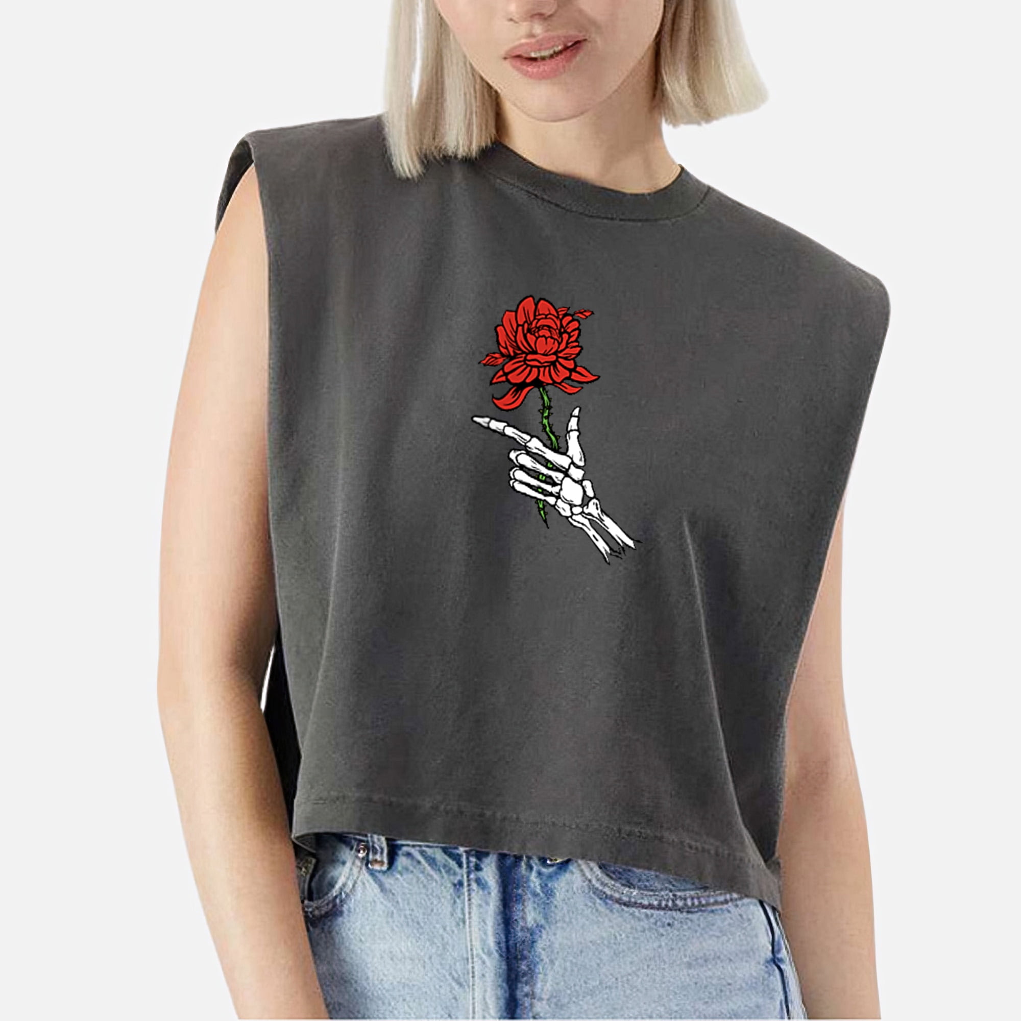 EcoLoom Skeleton Hand Holding A Red Rose Cap Sleeve Muscle Crop Shirt ...