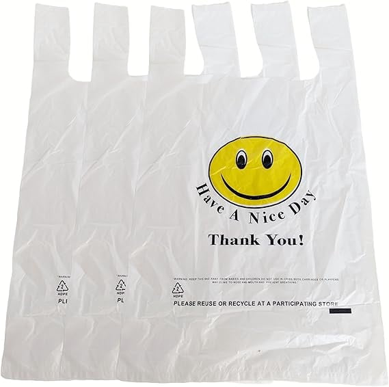 EcoQuality 1/8 Medium White Plastic Shopping Bags 10x5x18 Smiley Face ...