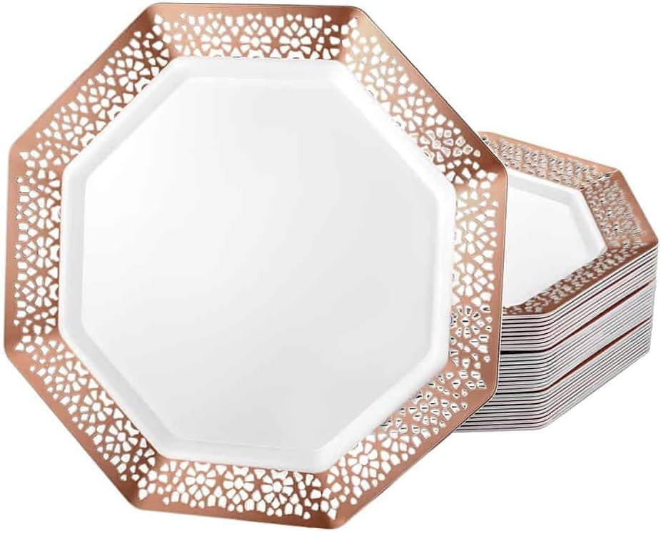 EcoQuality 11 Inches Rose Gold Octagon Plastic Dinner Plate Octagon Design – Elegant Disposable ...