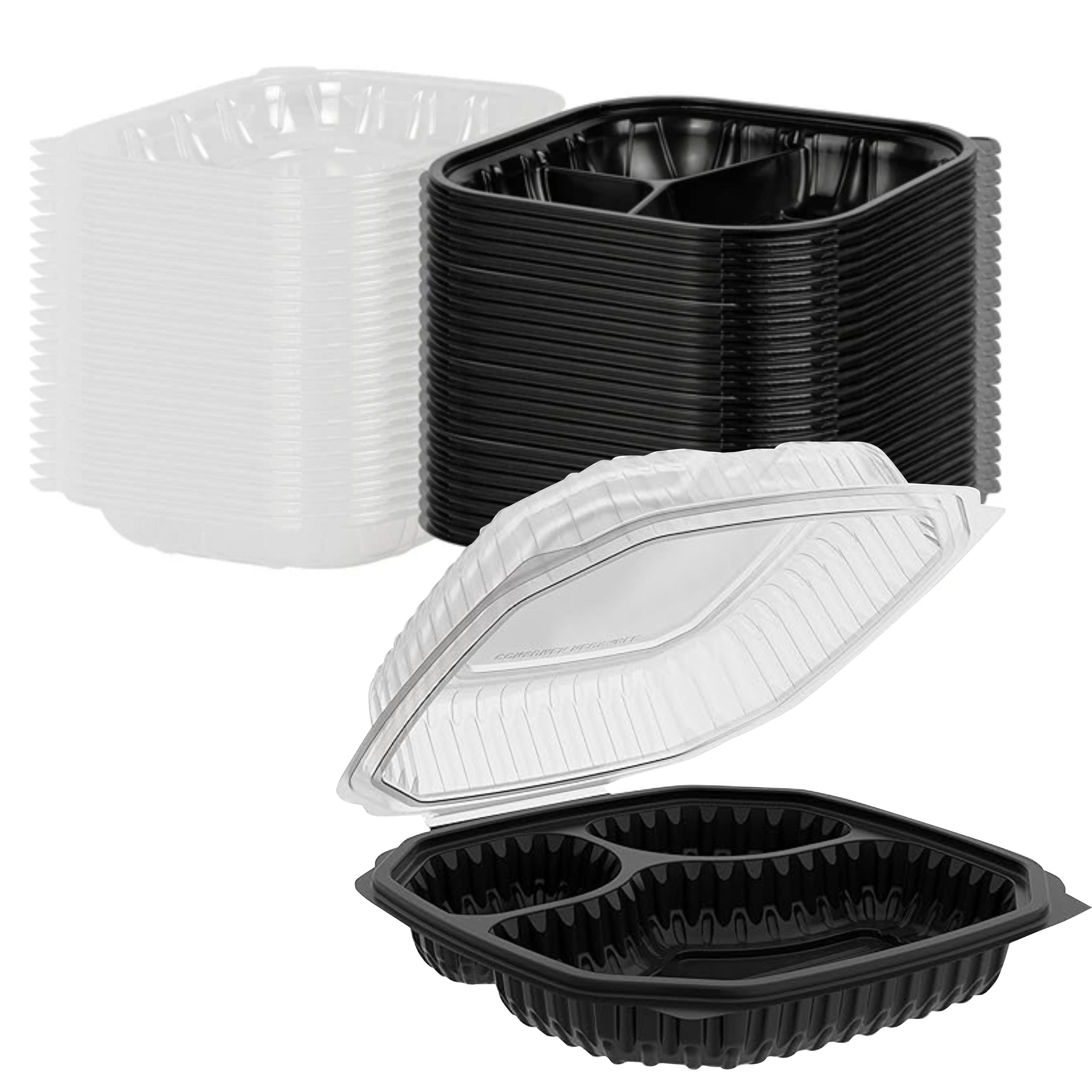 EcoQuality 9x9x3 Inch 3 Compartment Black Hinged Takeout Containers ...