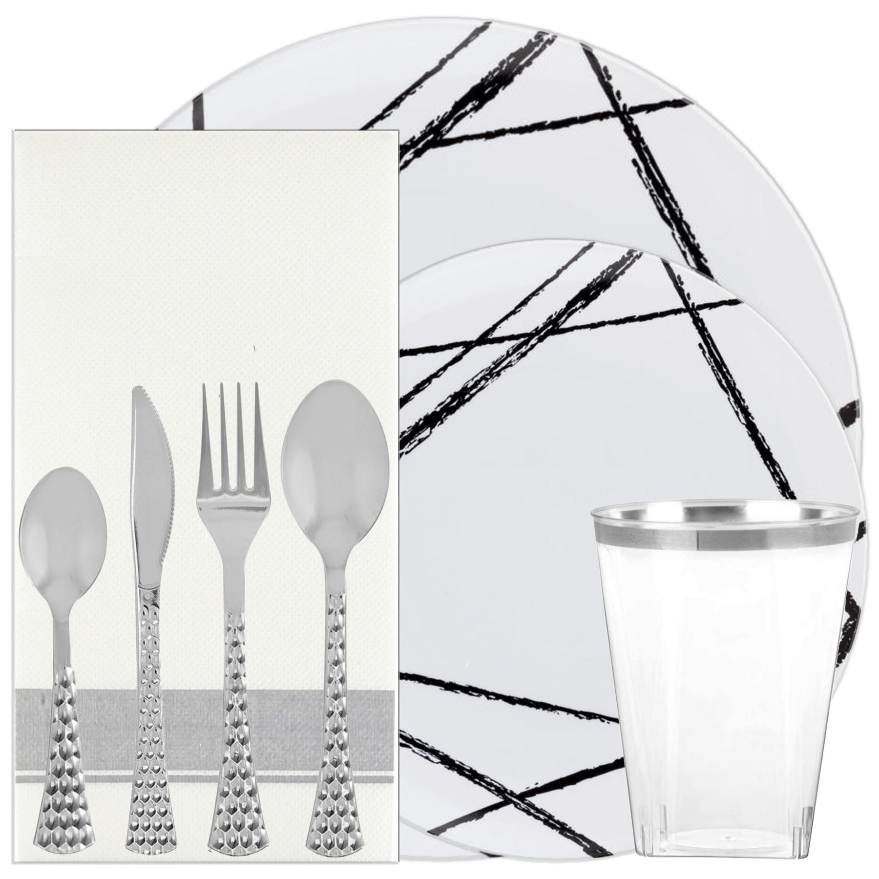 EcoQuality Black Brush Dinner Set Round Plastic Plates with Silver ...