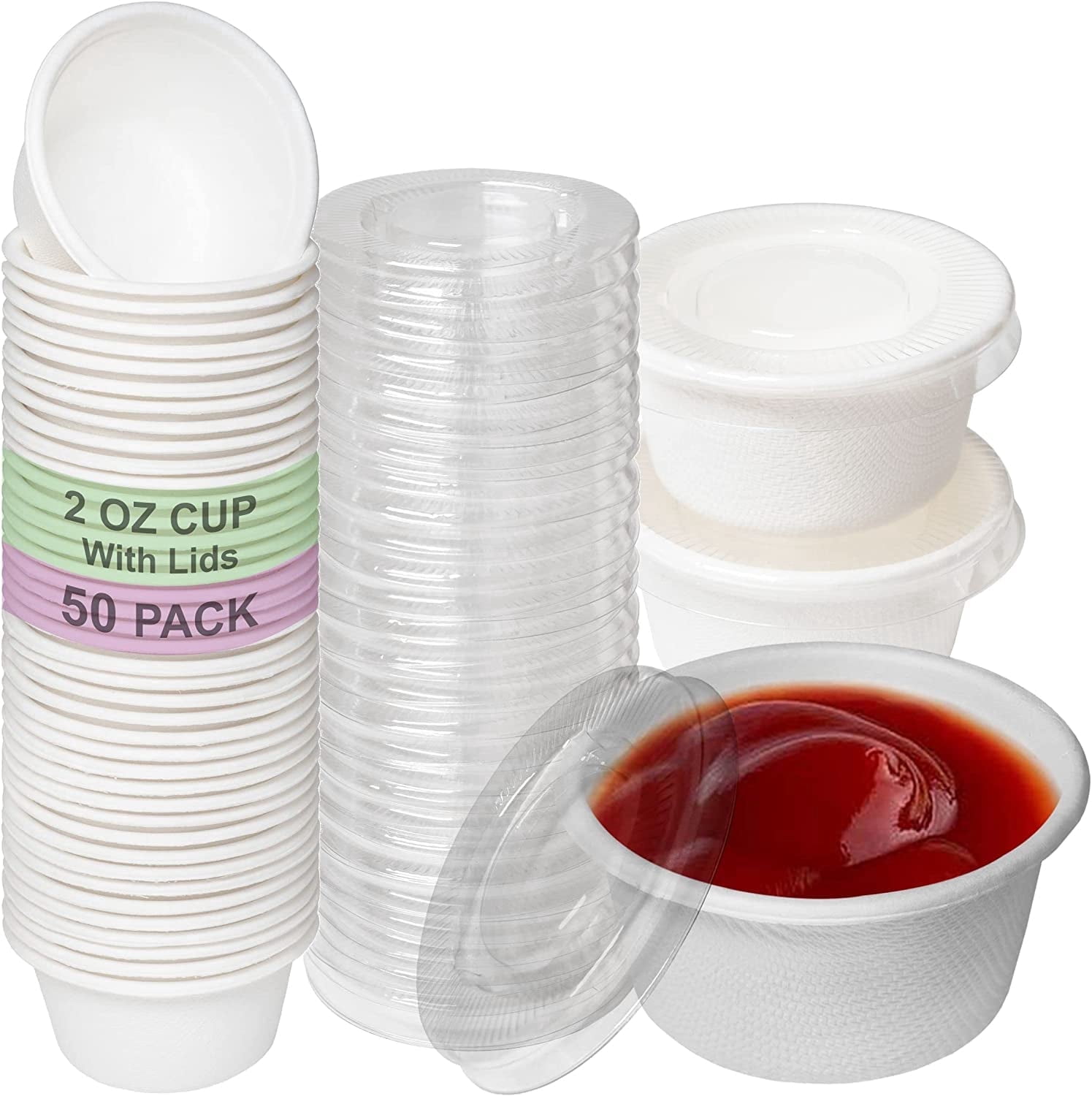 EcoQuality 2 oz Portion Cups with Lids, White, Round, Plant Fiber ...