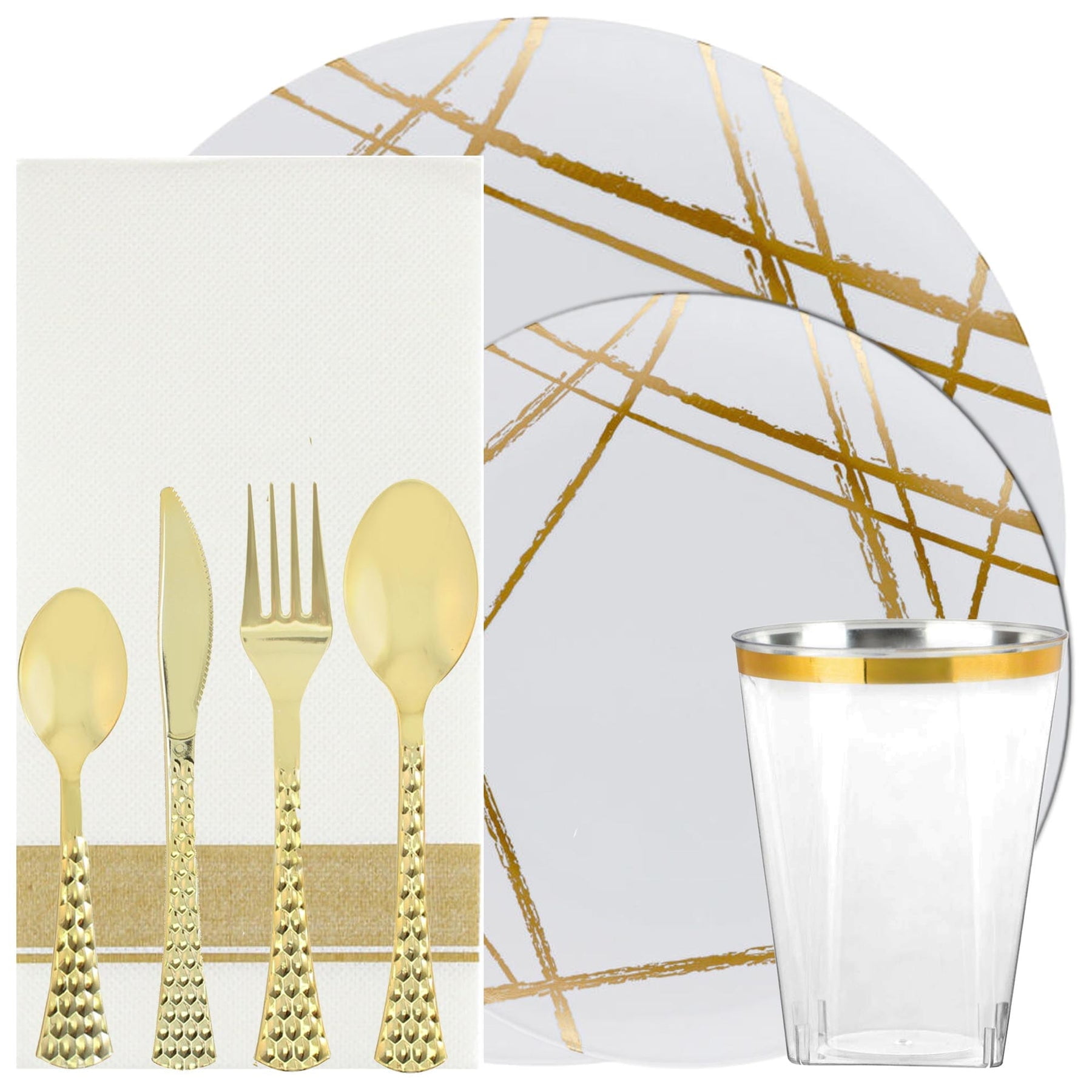 EcoQuality Gold Brush Dinner Set Round Plastic Plates with Silver Spoon ...