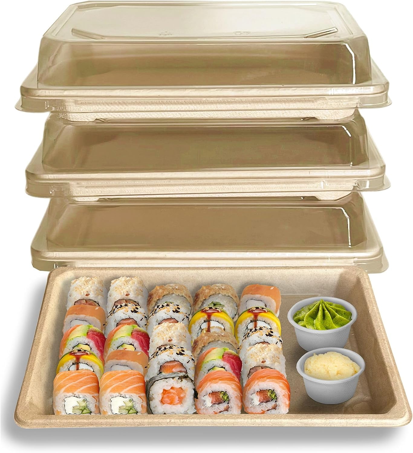 EcoQuality Large Compostable Sushi Trays with Lids - Natural Sugarcane ...