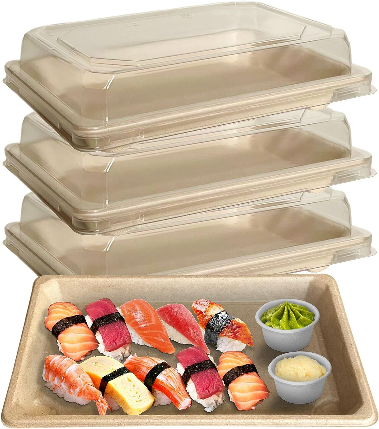 EcoQuality Medium Compostable Sushi Trays with Lids - Natural Sugarcane ...