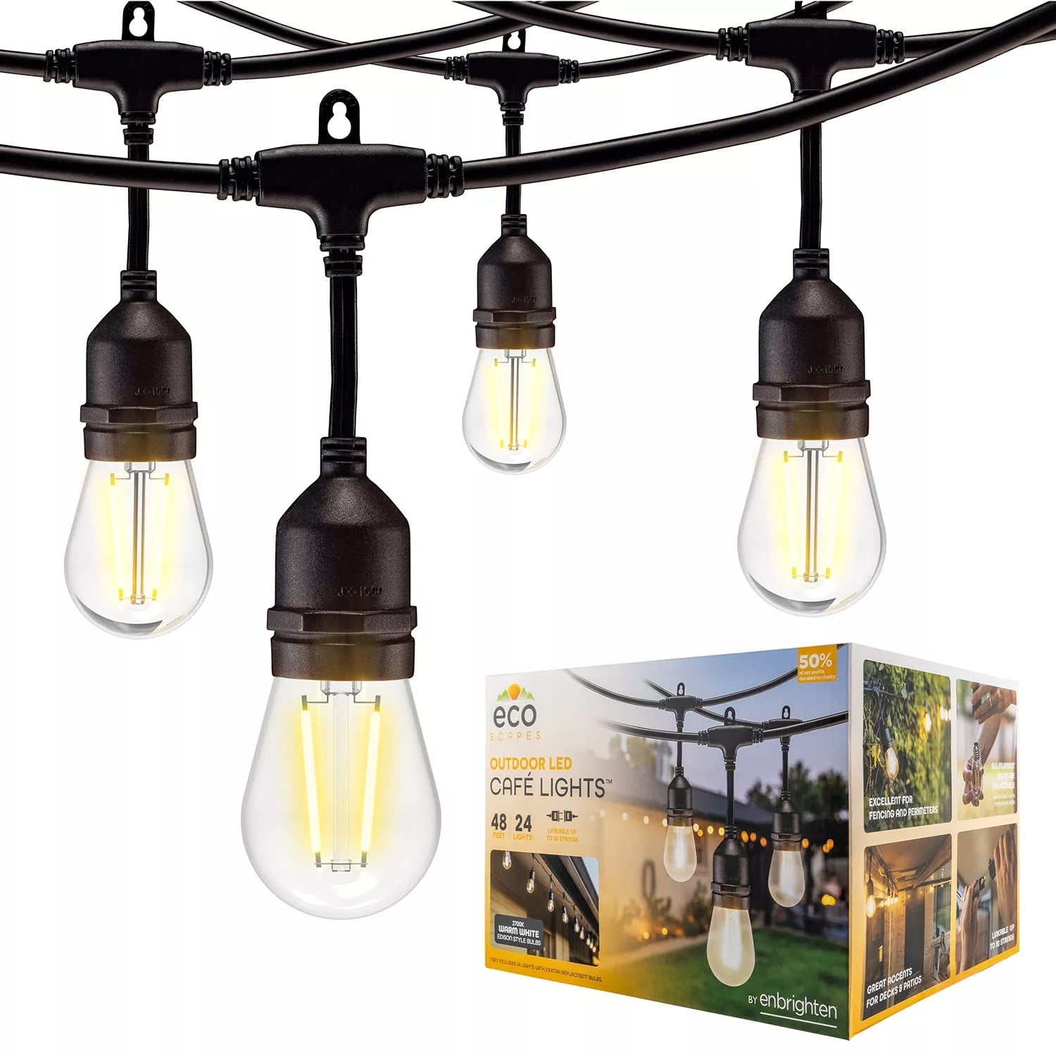 Ecoscapes Outdoor LED Cafe Lights, 24 Bulbs, 48 Feet, Weatherproof ...
