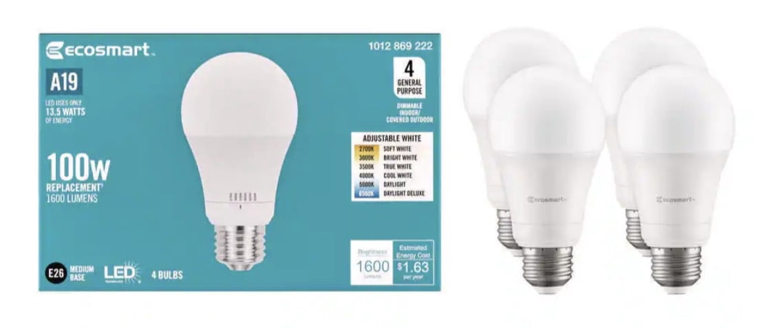 EcoSmart 100-Watt Equivalent A19 Dimmable LED Light Bulb with ...