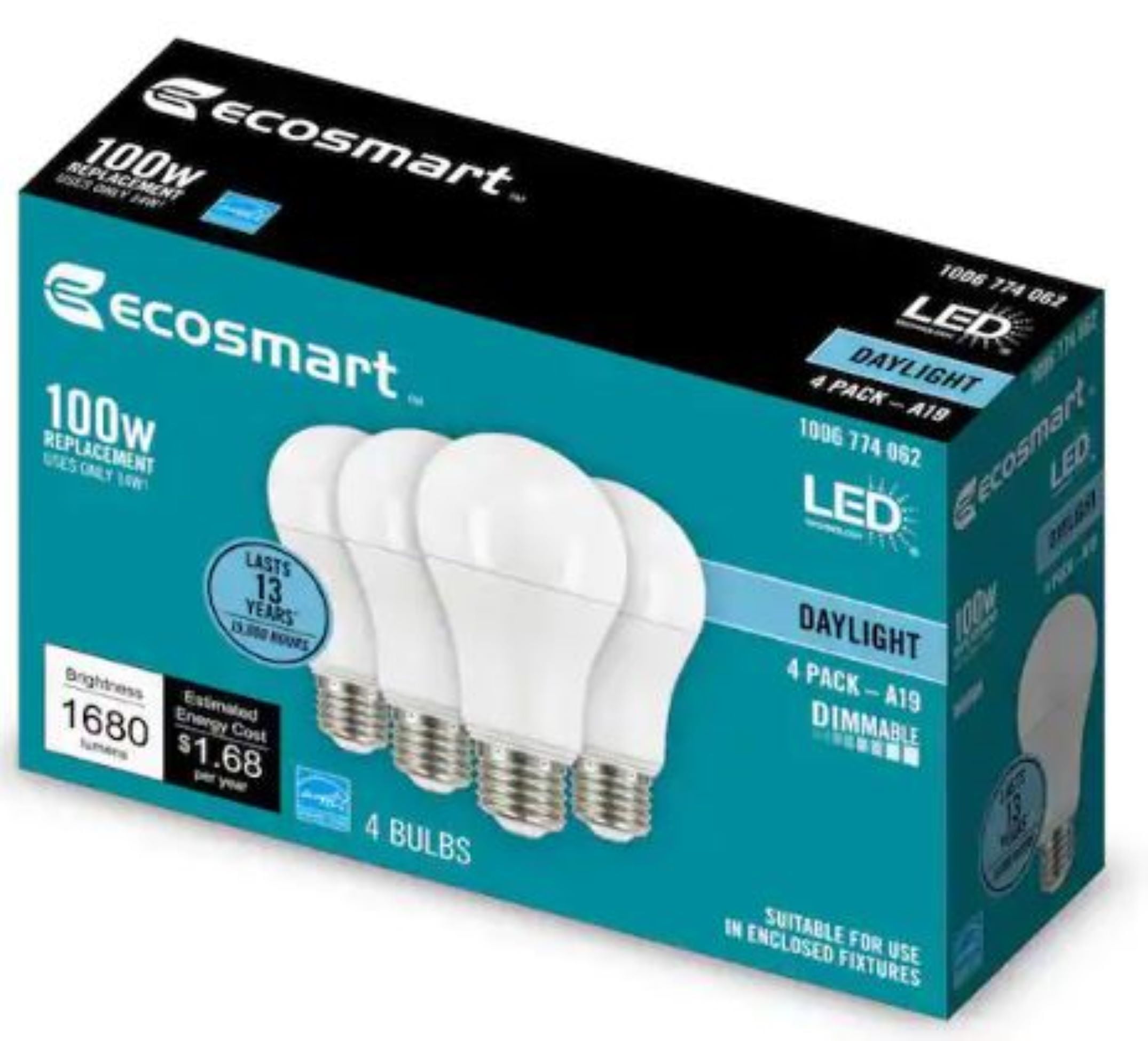EcoSmart Dimmable LED Light Bulb, 100-Watt Equivalent A19 Medium Base ...