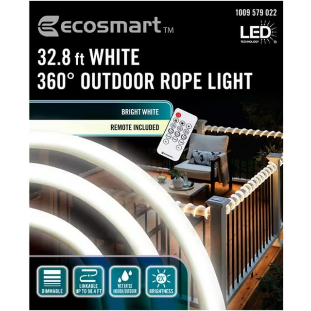 EcoSmart 32.8 ft. Plug-In Bright White LED 360° Outdoor Dimmable ...