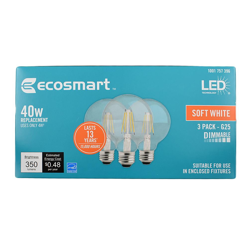 EcoSmart 40W G25 Globe LED Bulb, Dimmable, Energy Star, Clear Glass ...