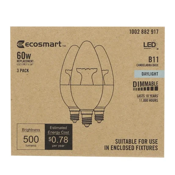 EcoSmart 60-Watt Equivalent B11 Dimmable LED Light Bulb Daylight (3 ...