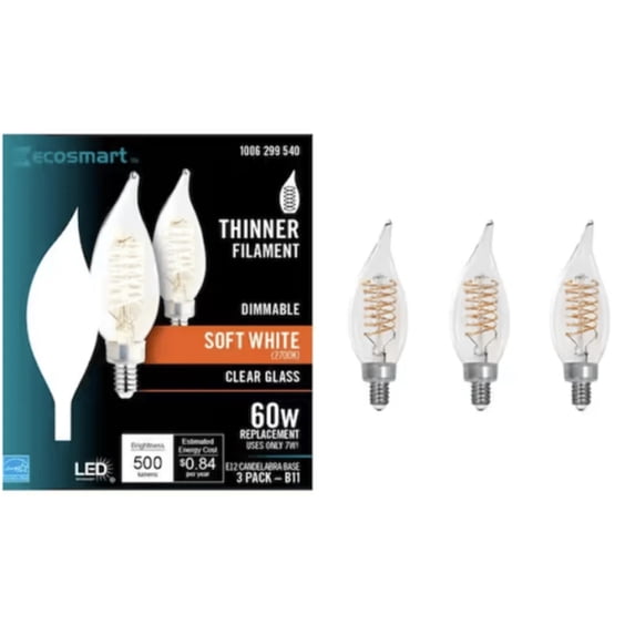 EcoSmart 60-Watt Equivalent BA11 Dimmable E12 Candelabra Fine Bendy ...