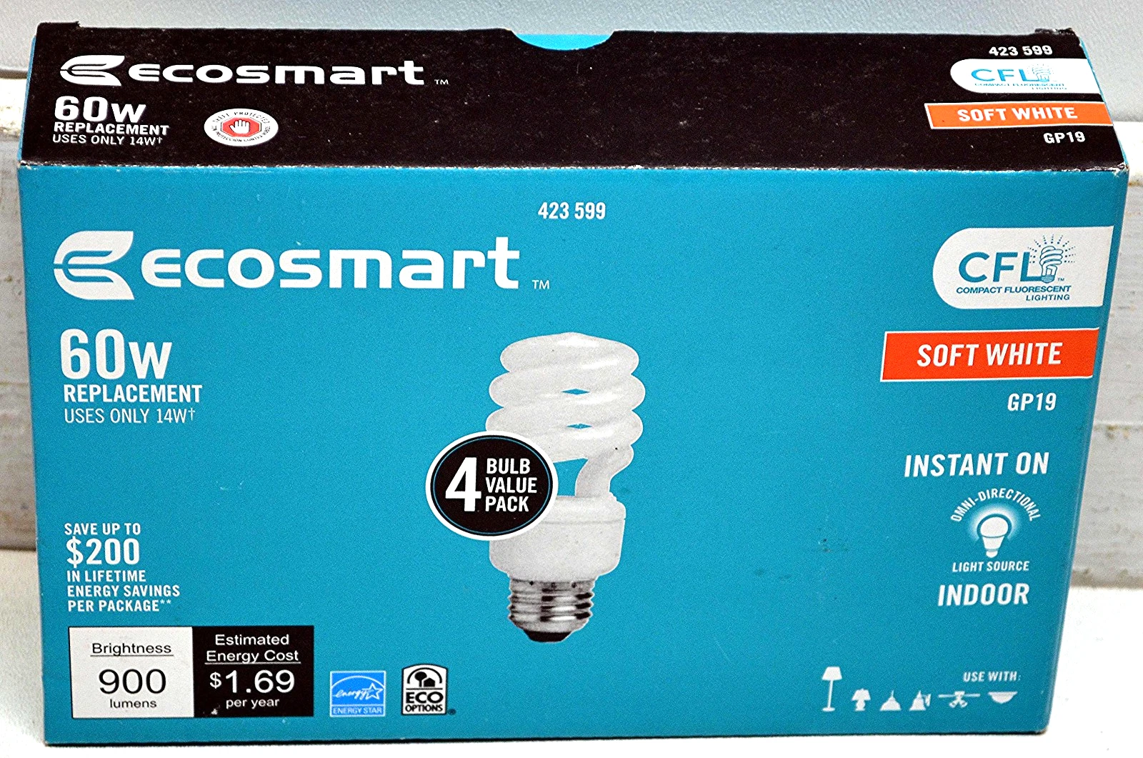 EcoSmart 60W Equivalent Soft White Spiral CFL (4-Pack) - Walmart.com