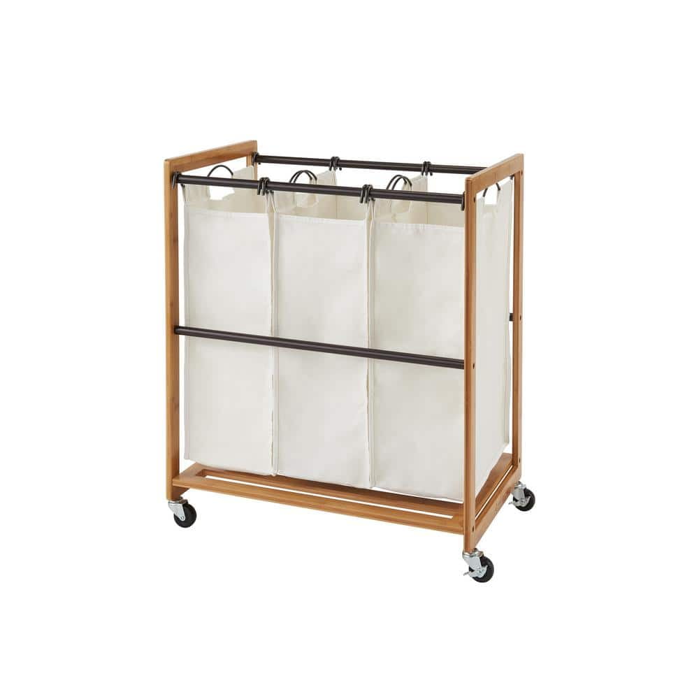 EcoStorage Wheeled 3-Bag Bamboo Laundry Cart with Bronze Poles ...
