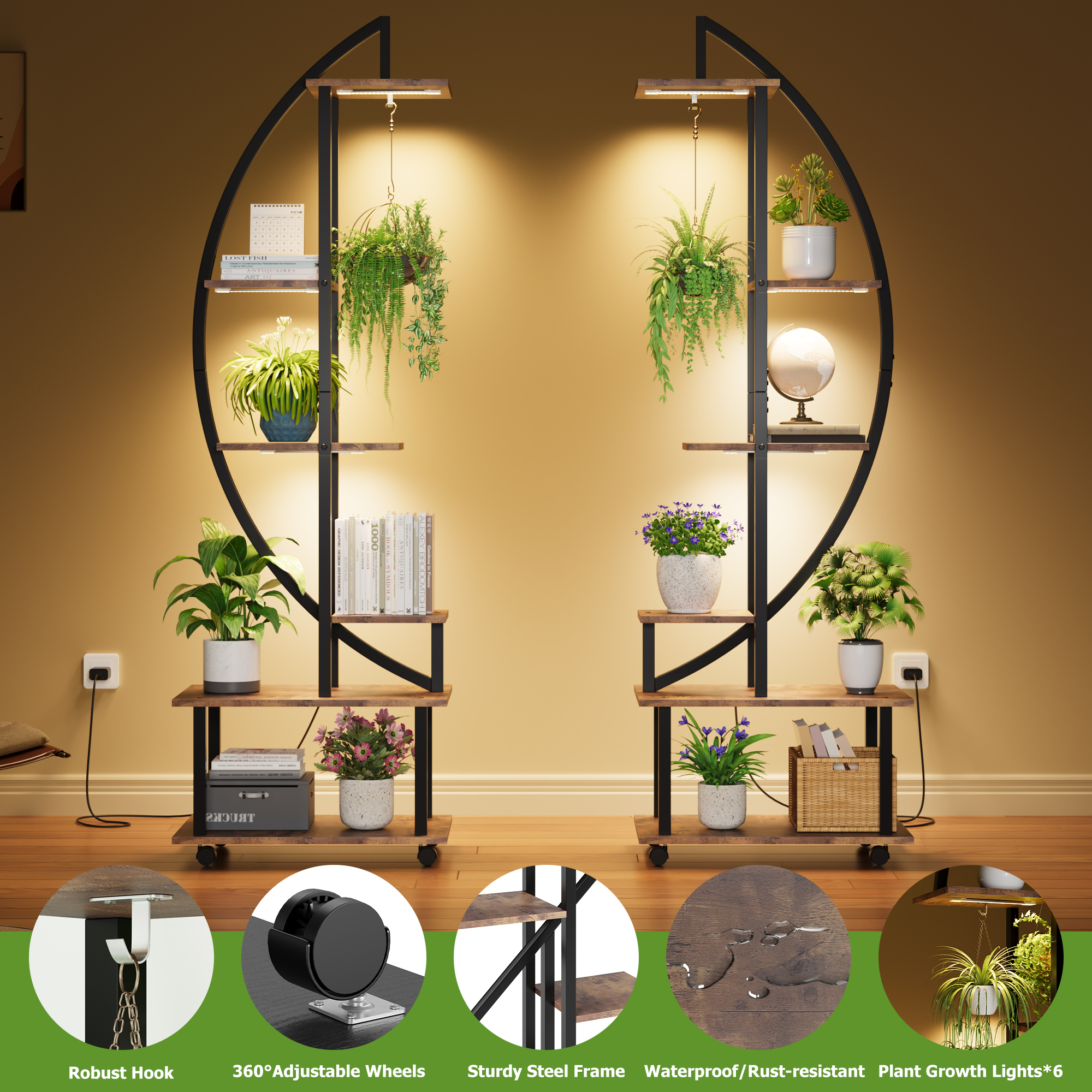 EcoSummer 2 Pack 6-Tier Half Moon Plant Stand with Grow Lights, Metal ...