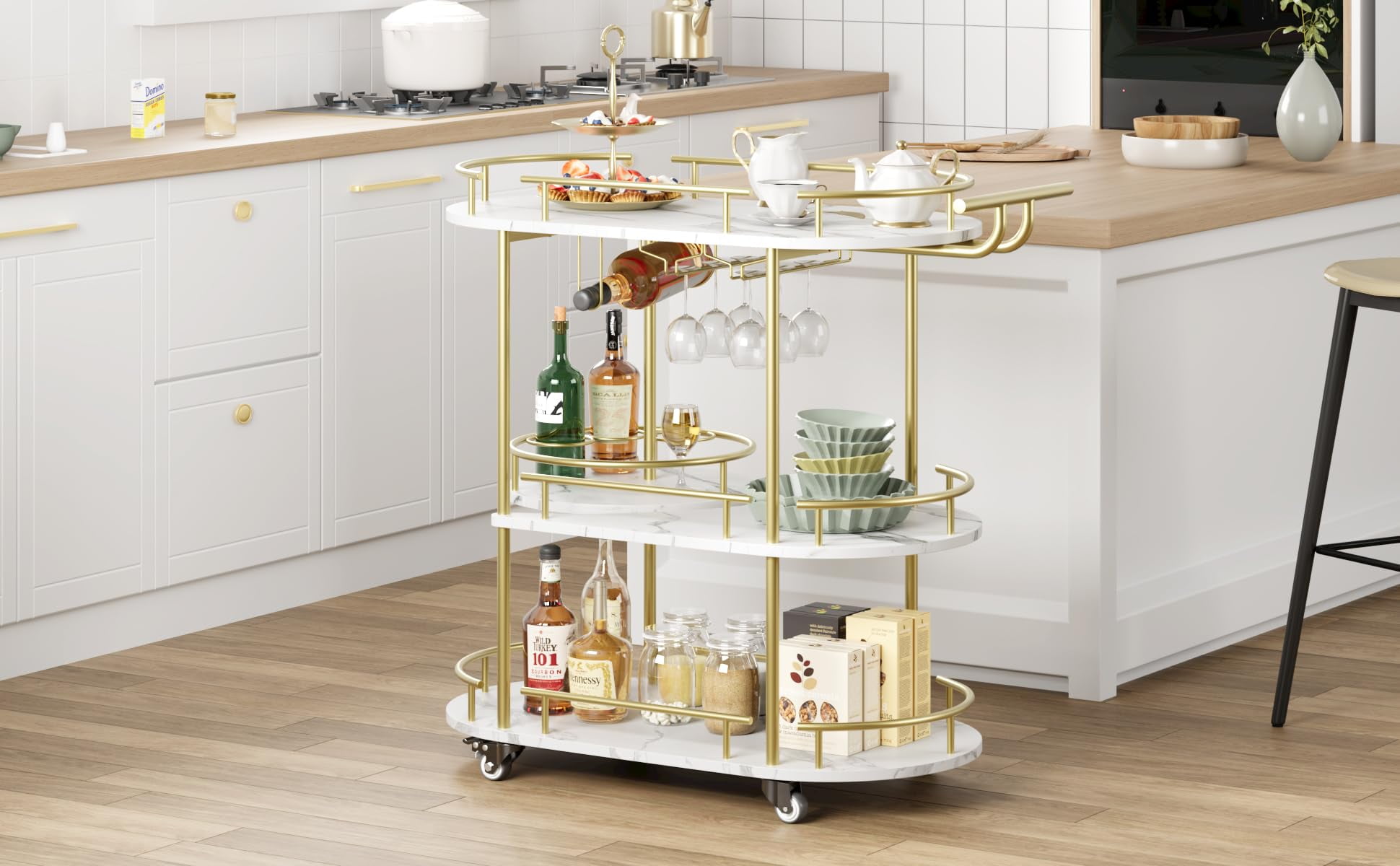 EcoSummer 3-Tier Rolling Wine Bar Cart with Rotating Shelf, Wine ...