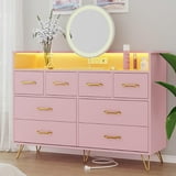 EcoSummer Pink Dresser with LED Light & Charging Station, 8 Drawer ...