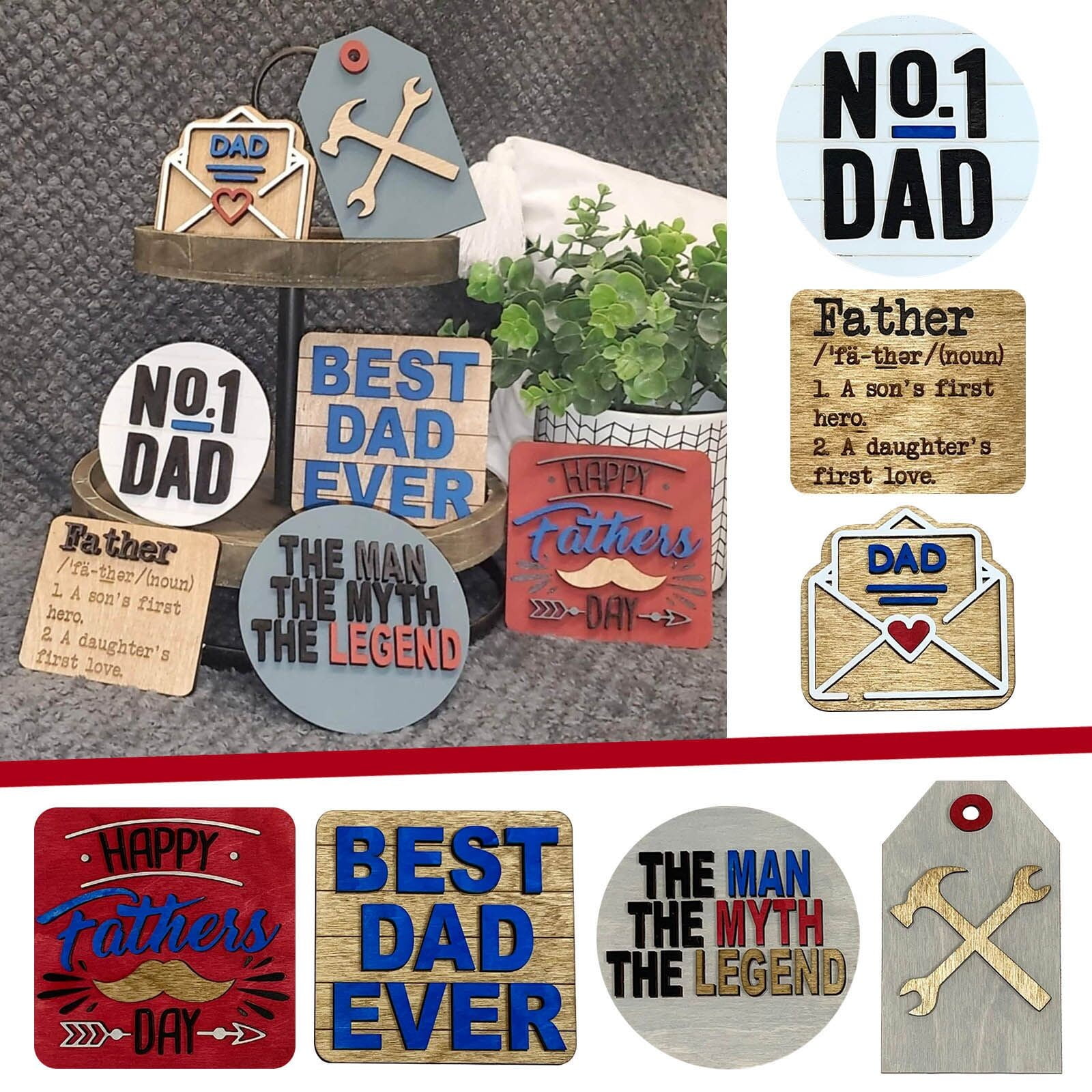 EcoVerve 7 Pcs Father's Day Tiered Tray Wooden Table Signs Mini Father ...