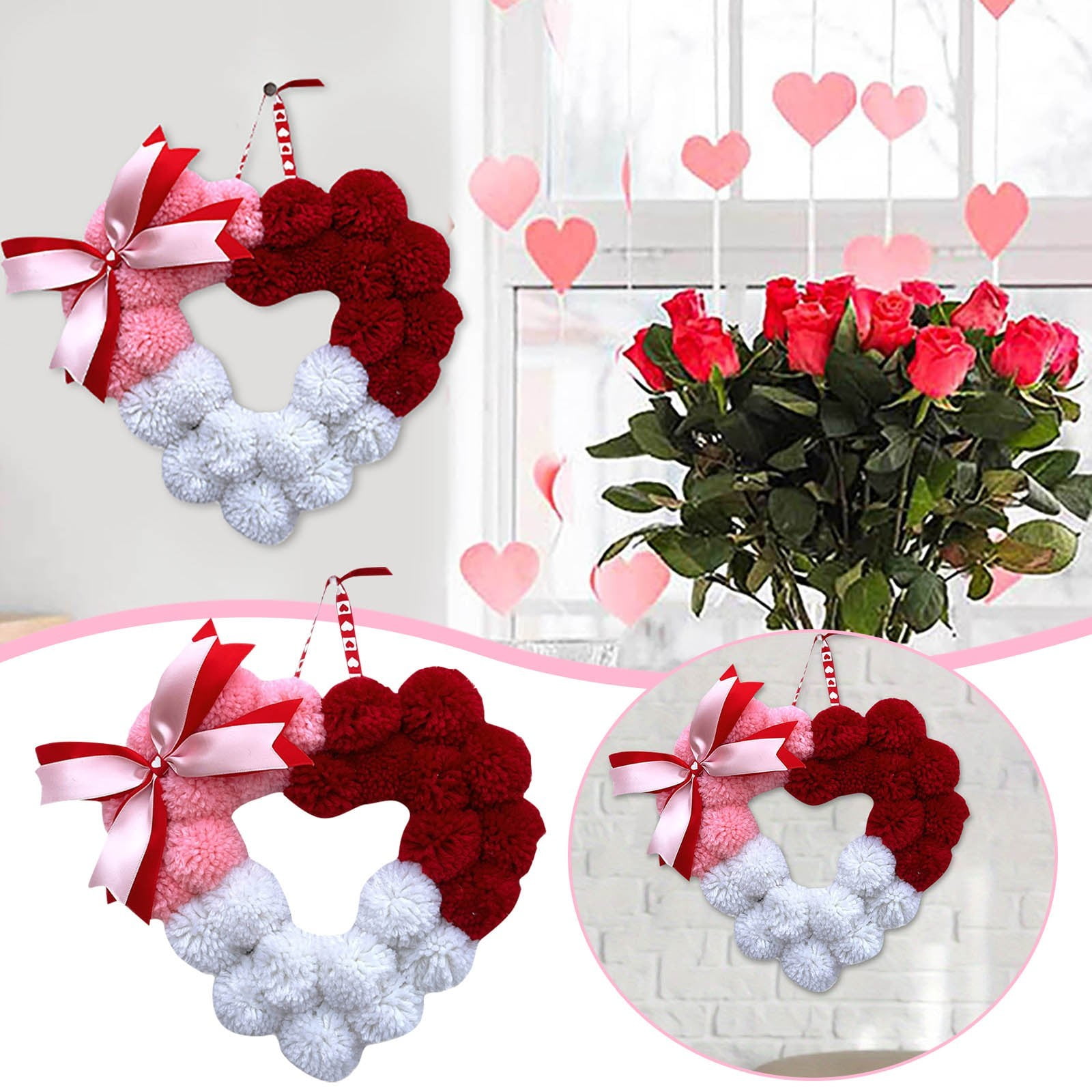 EcoVerve Valentine's Day Decorative Floral Wreath Handmade With Soft Pom Poms And Faux Greenery ...