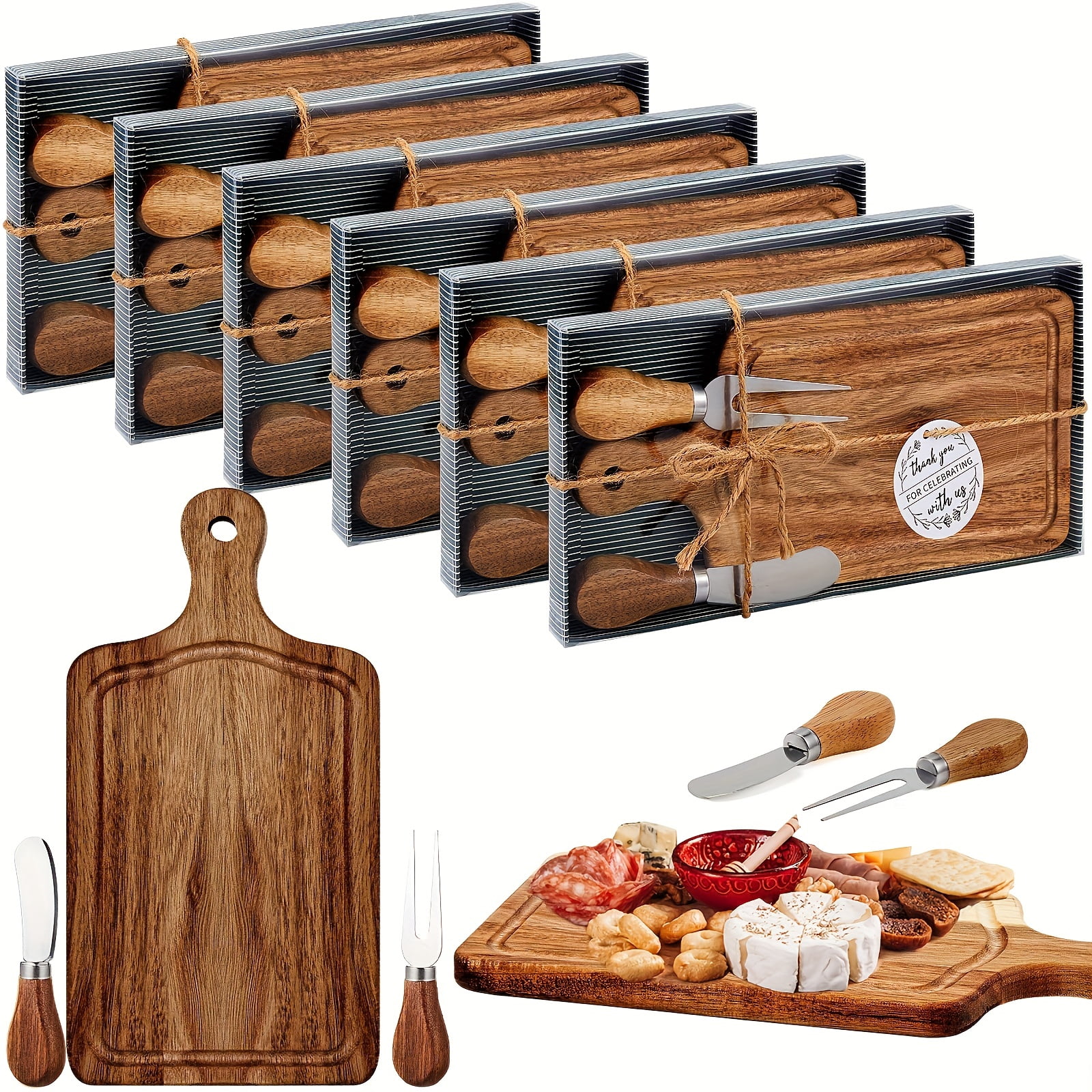 Ecoboom 6-Piece Wooden Cheese Board Gift Set with Knives and Forks ...