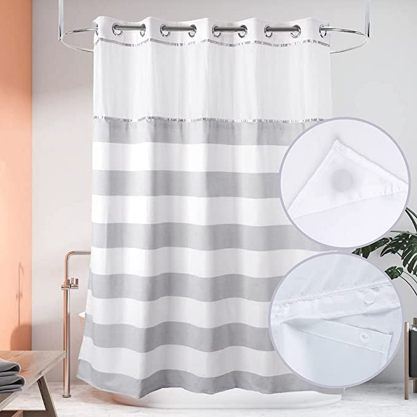 "Ecoehoe 71""W x74""H Stripe Fabric Shower Curtain, Hook Free, Snap-in ...