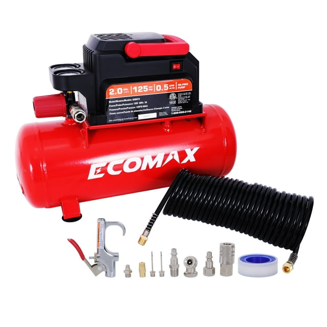 Ecomax 2 Gallon 1/3 HP 125 PSI Air Compressor with Hose and Accessories ...