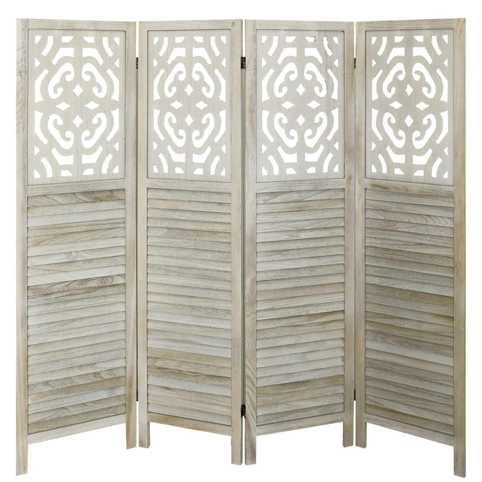 Ecomex 4 Panel Room Divider, Wood Carved + Louver-Design Folding Screen ...