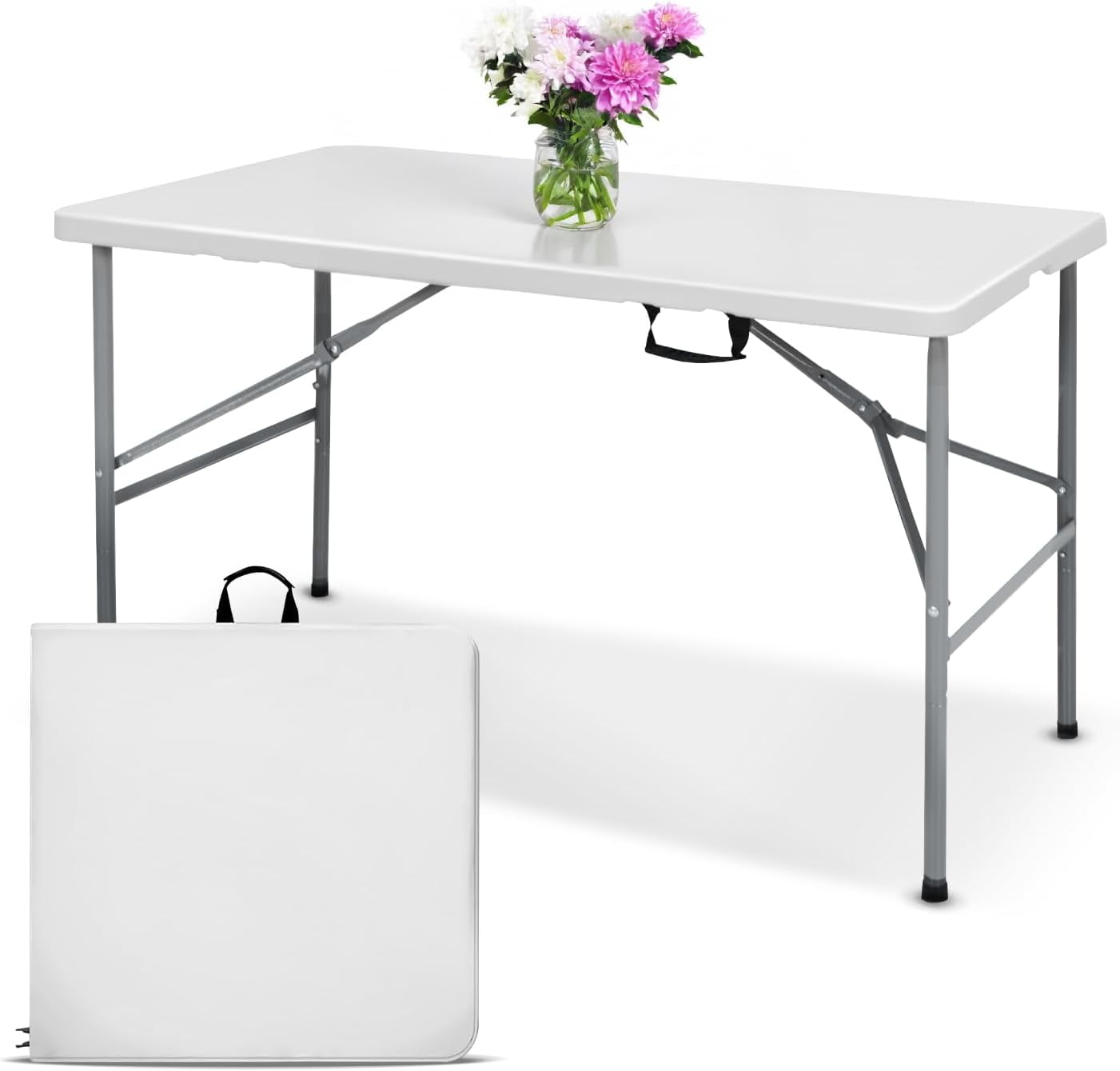 EconoHome White 4ft Folding Table with Handle | Heavy-Duty Foldable ...
