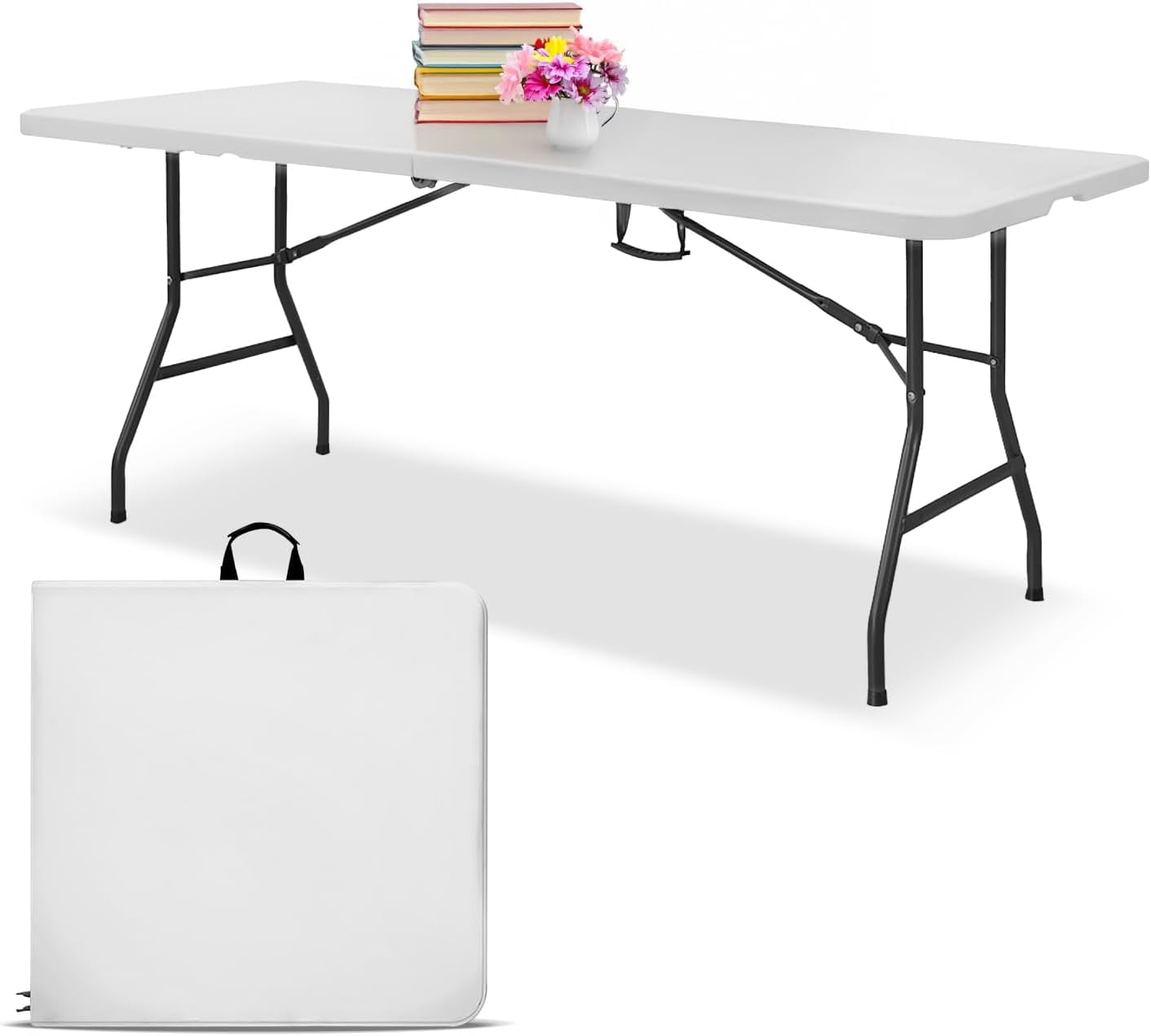 EconoHome White 6ft Folding Table with Handle | Heavy-Duty Foldable ...
