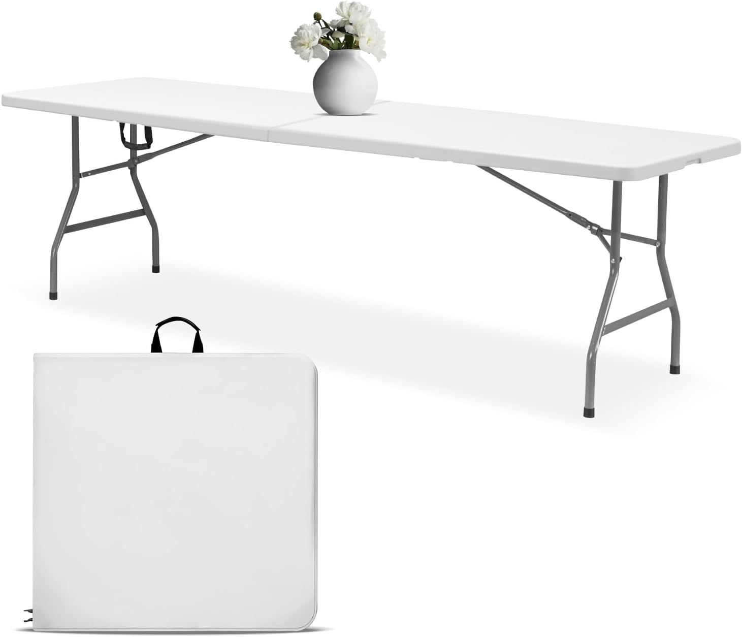 EconoHome White 8ft Folding Table with Handle | Heavy-Duty Foldable ...