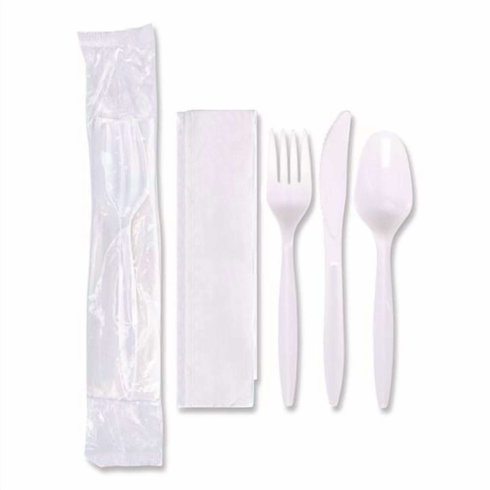 Economy Cutlery Kit, Fork/Knife/Napkin/Spoon, Plastic, White, 250 ...
