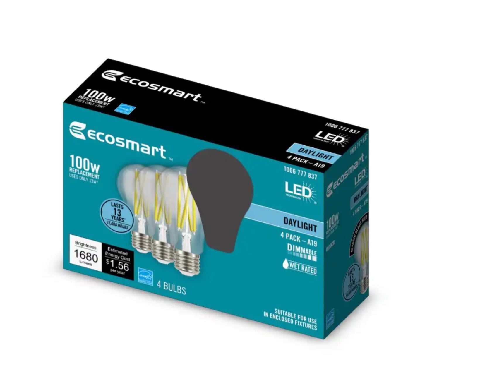 Ecosmart 100W Equivalent A19 Clear LED Bulb, Dimmable, Daylight, Indoor ...