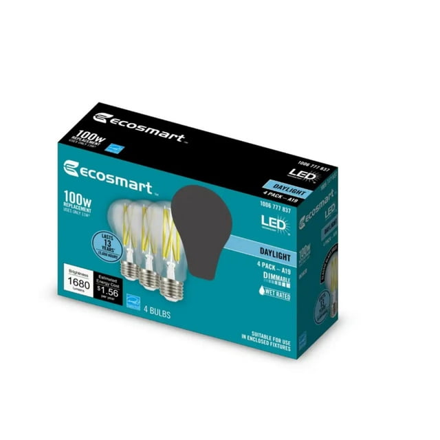 Ecosmart 100W Equivalent A19 Clear LED Bulb, Dimmable, Daylight, Indoor ...