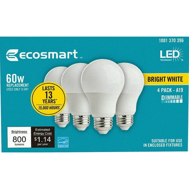 EcoSmart 60W Equivalent A19 Dimmable LED Light Bulb, Bright White ...