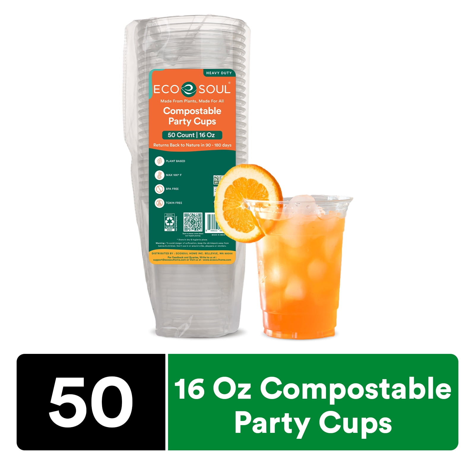 Ecosoul 16 oz Compostable Cold Beverage Party Cups, Plant Based, 50 ...