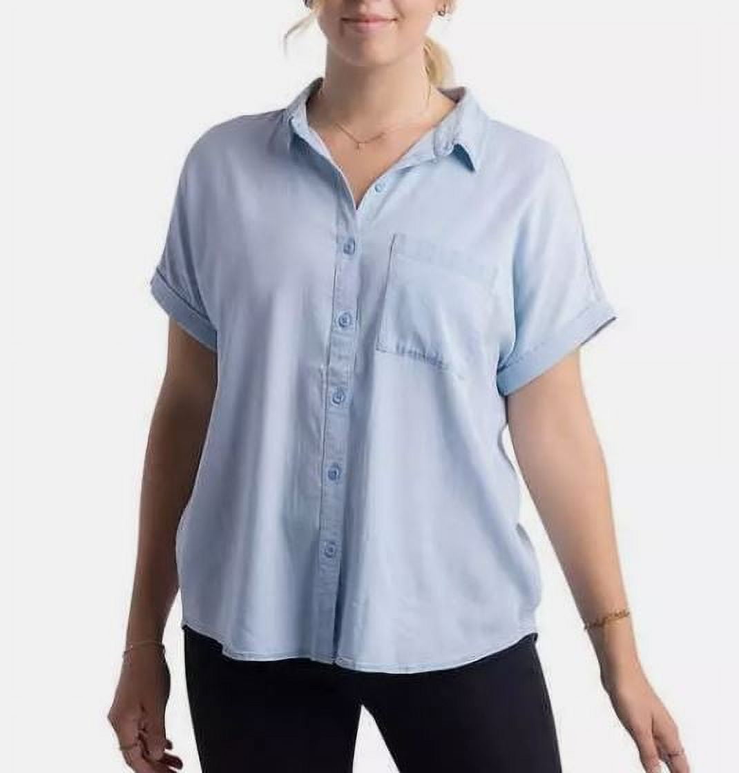 Ecothreads Women's Button-Up Chest Pocket Short Sleeves Shirt, Blue ...
