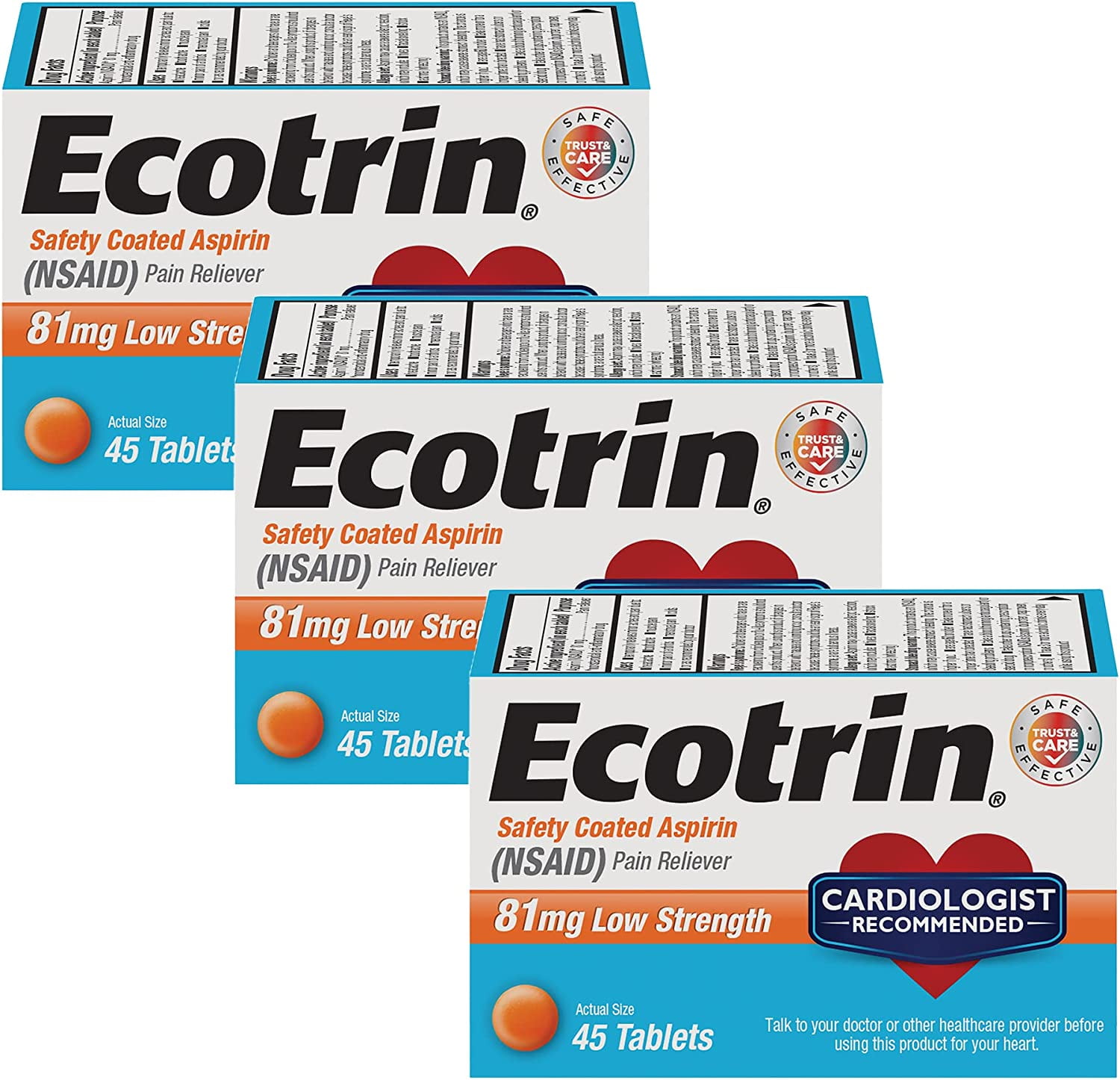 Ecotrin Low Strength Safety Coated Aspirin, NSAID 81mg, 45 count (3 ...