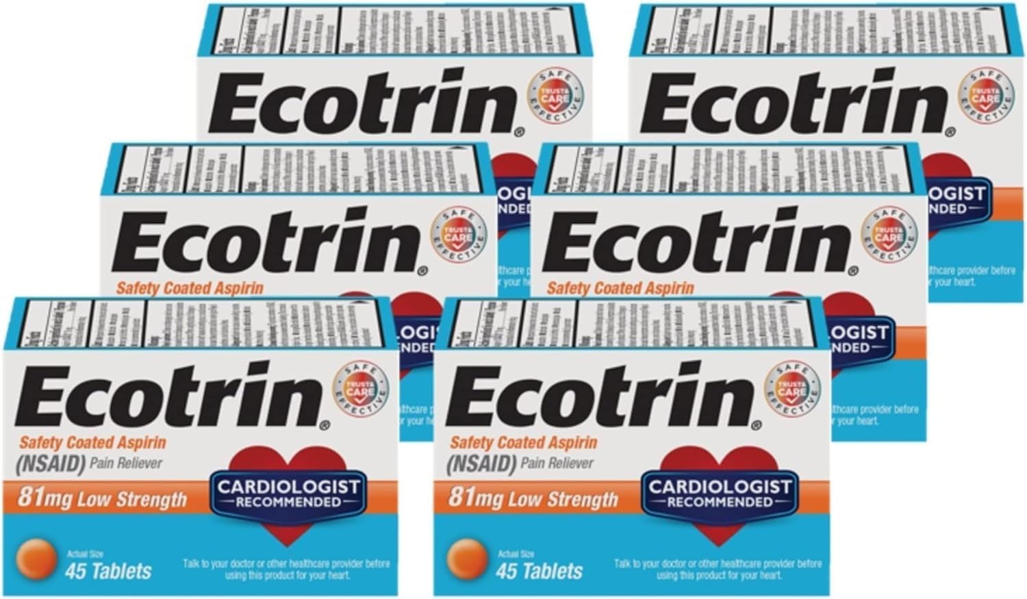 Ecotrin Low Strength Safety Coated Aspirin, NSAID 81mg, 45 count (6 ...