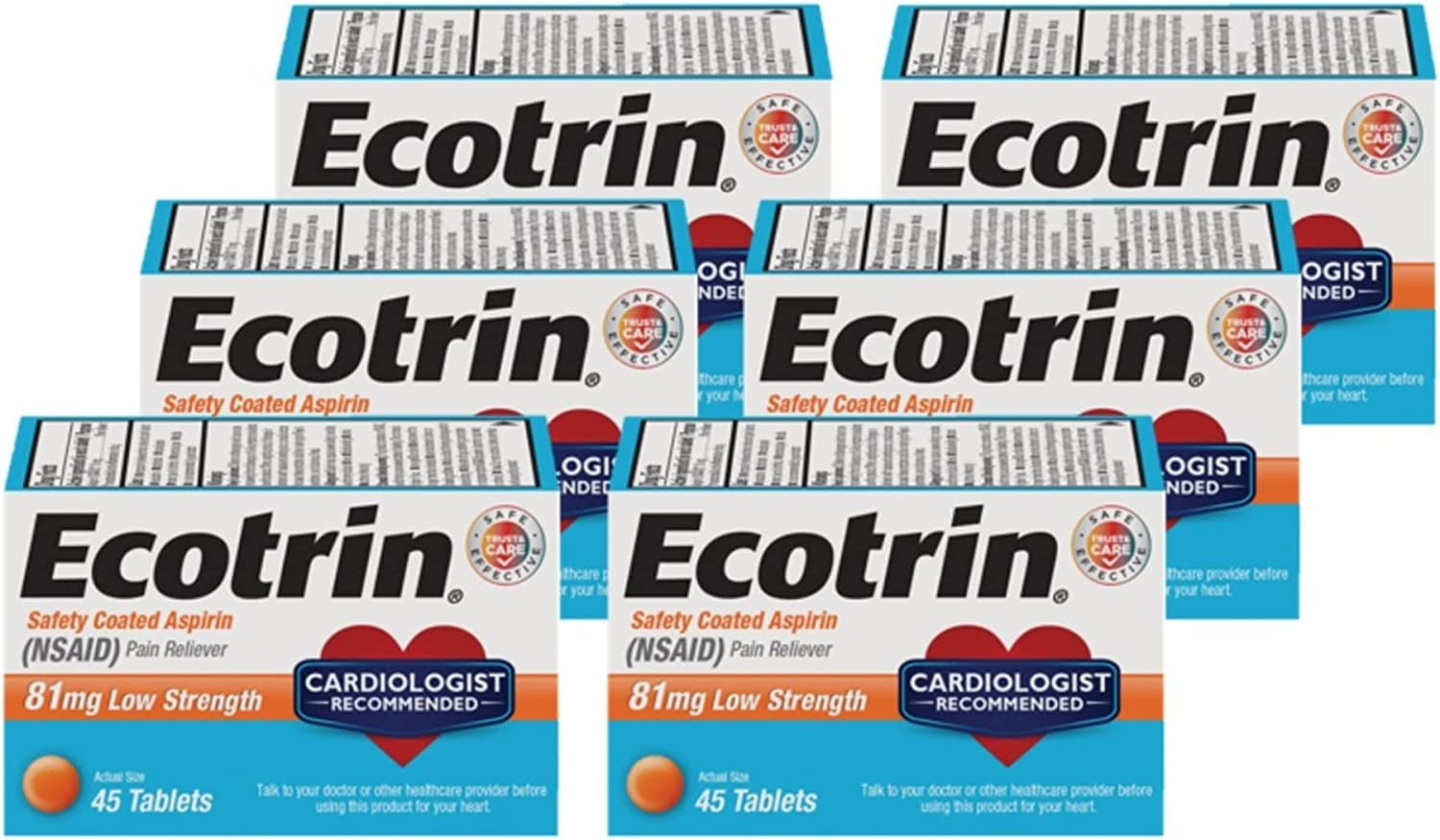 Ecotrin Low Strength Safety Coated Aspirin, NSAID 81mg, 45 count (6 ...