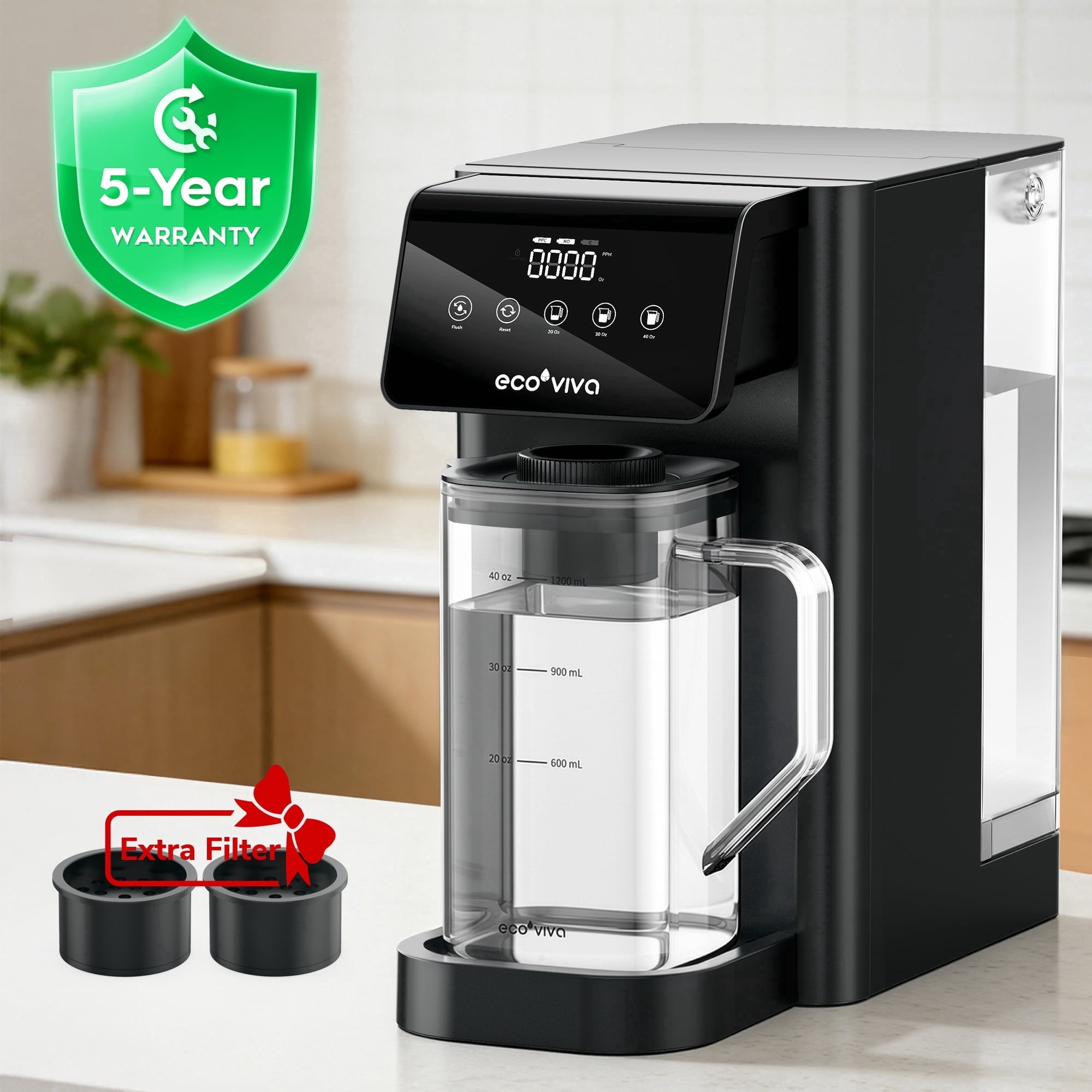 Ecoviva EM5 Countertop RO Water Filter, 8-Stage RO, 40oz Glass Pitcher ...