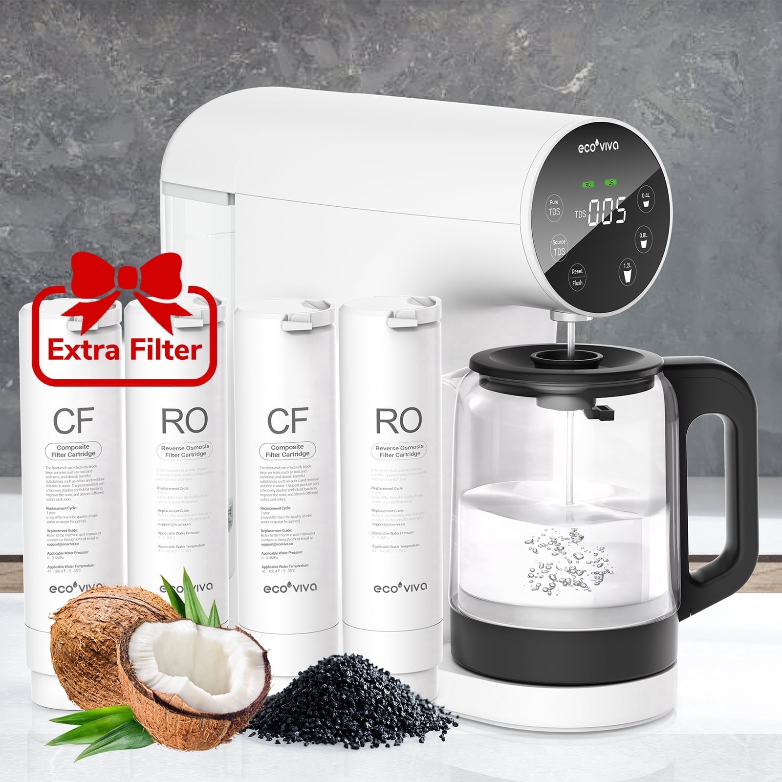 Ecoviva ER200 Countertop RO Water Filter with Extra RO & CF Filter, No ...